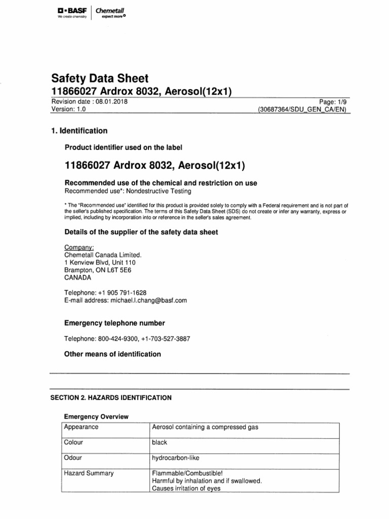 Chemetall Ardrox 8032 Black Particle Aerosol Safety Data Sheet 20180108 ...