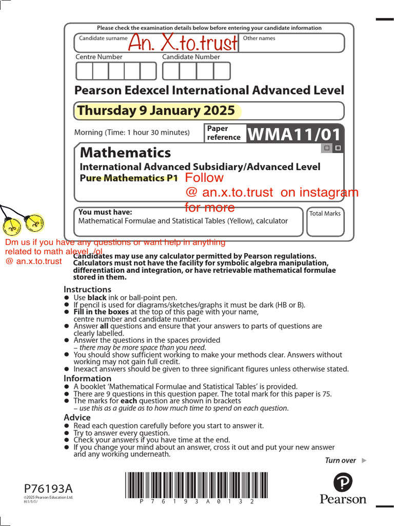 January 2025 Pure 1 Math Edexcel Model Answer An.x.to - Trust On ...