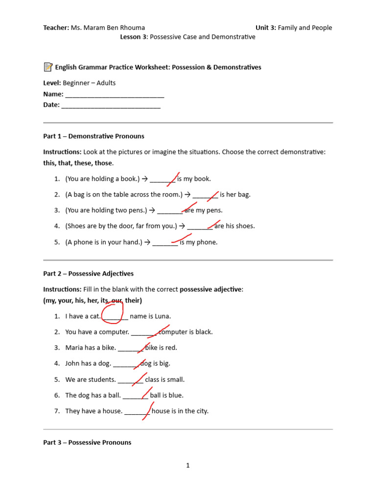 Possessive Worksheet-Aymen Abassi CORRECTED | PDF | Language Mechanics | Languages