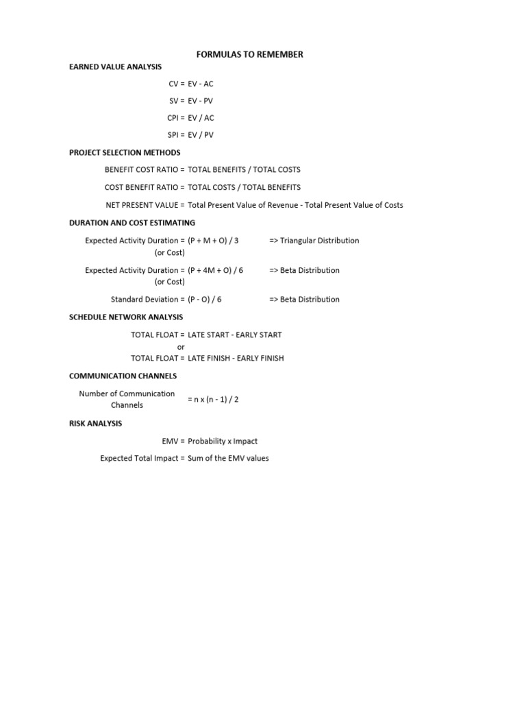 Formulas To Remember Pdf