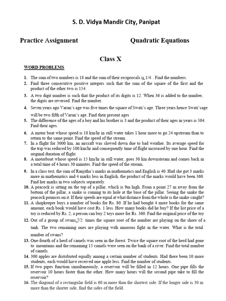 CH 4 Assignment Quadratic Equation-1 | PDF | Speed | Mathematics