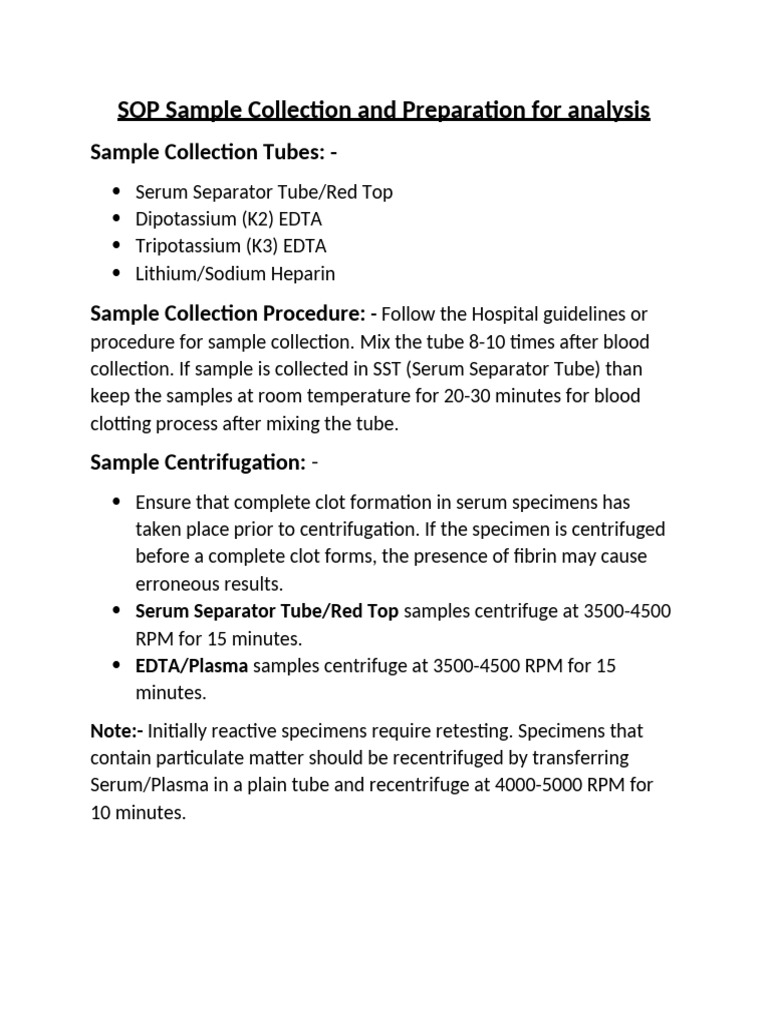 SOP - Sample Collection & Preperation | PDF | Blood Plasma | Coagulation