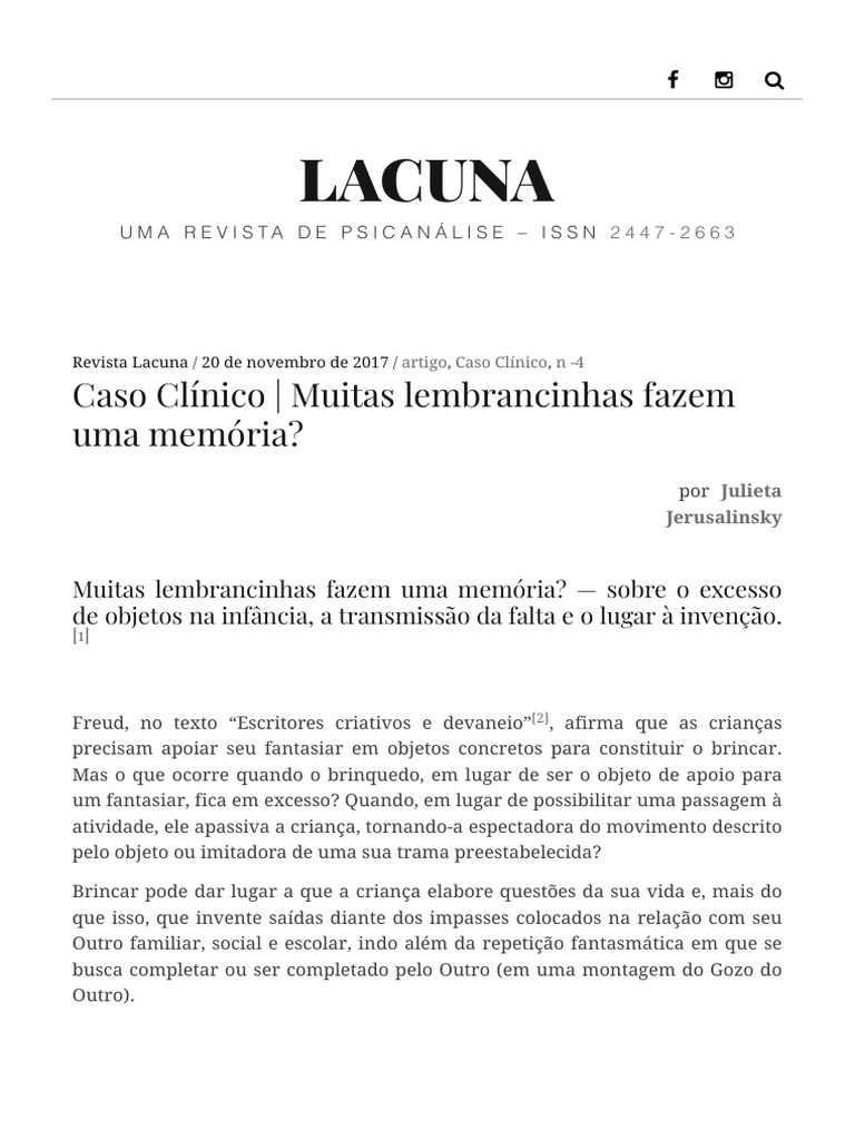 Caso Clínico Muitas Lembrancinhas Fazem Uma Memória - Lacuna | PDF | Sigmund Freud | Psicanálise