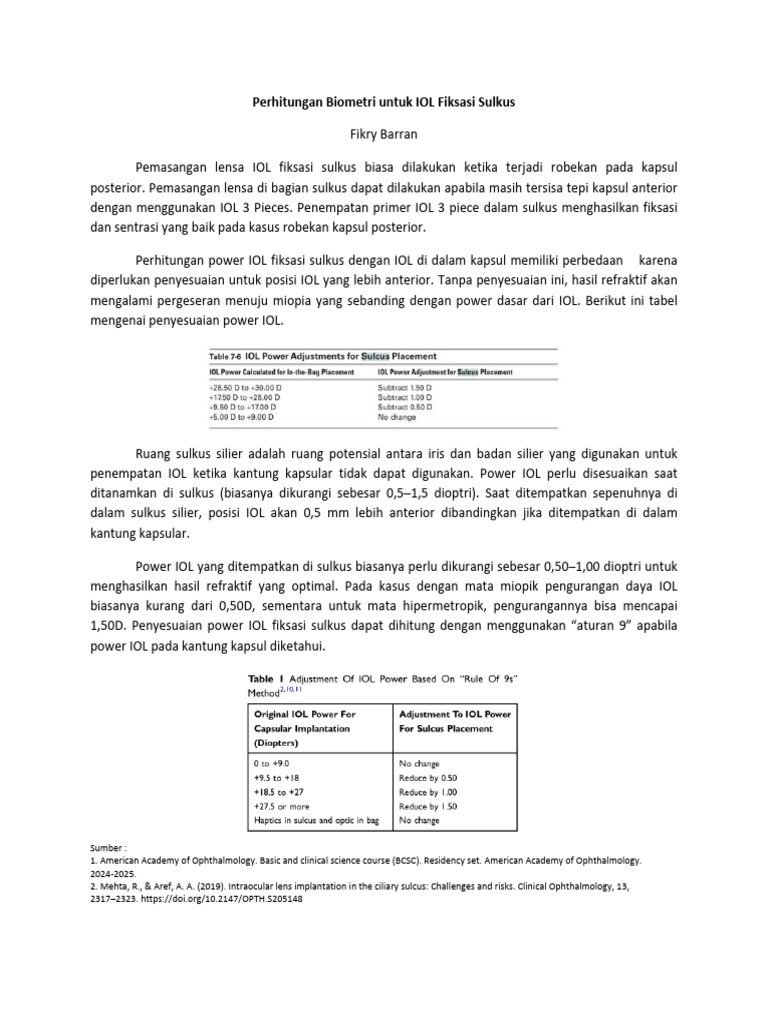 Biometry Calculation For IOL Sulcus Fixation | PDF