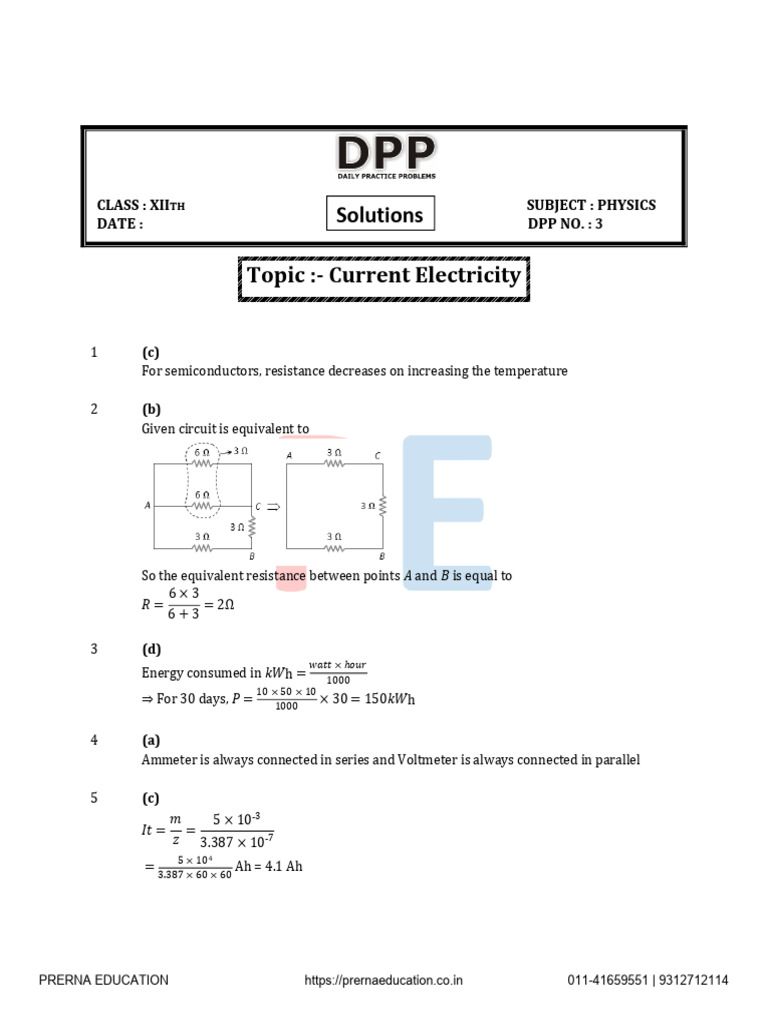 Current Electricity DPP Solutions XIITH | PDF | Voltage | Electricity
