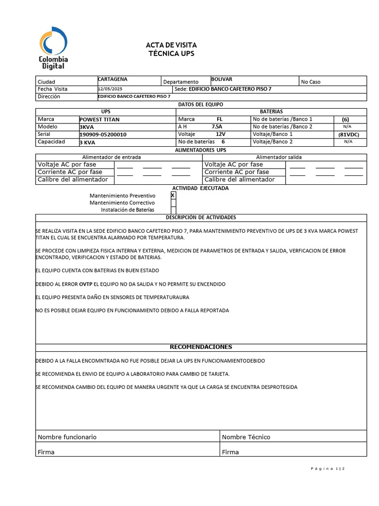 Acta de Visita Ups de 3 Kva Sede Banco Cafetero Piso 7 | PDF