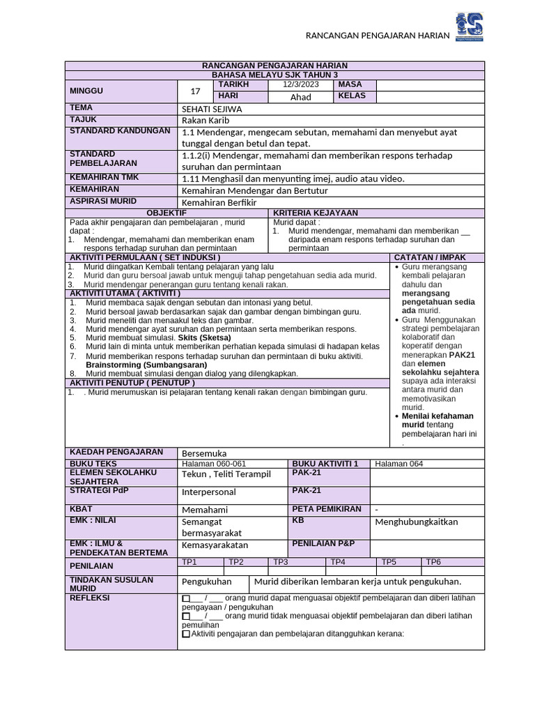 RPH Minggu 17 BM SJK THN 3 2023 by Cikgu Gorgeous | PDF