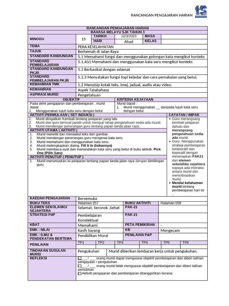 RPH Minggu 15 BM SJK THN 3 2023 by Cikgu Gorgeous | PDF