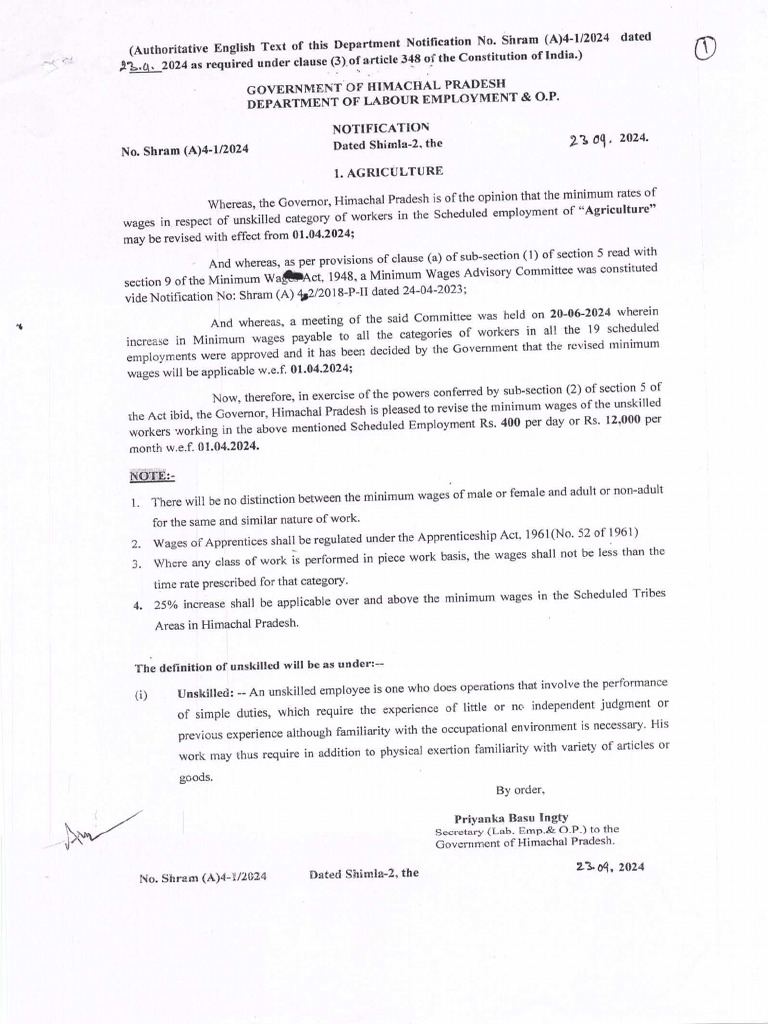 HP Govt. Minimum Wages Notification 2024 - NVS | PDF