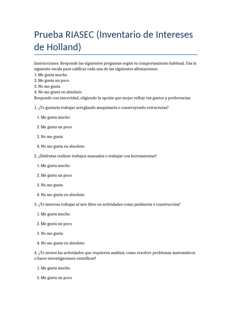 Test RIASEC de Intereses Laborales | PDF | Cognición
