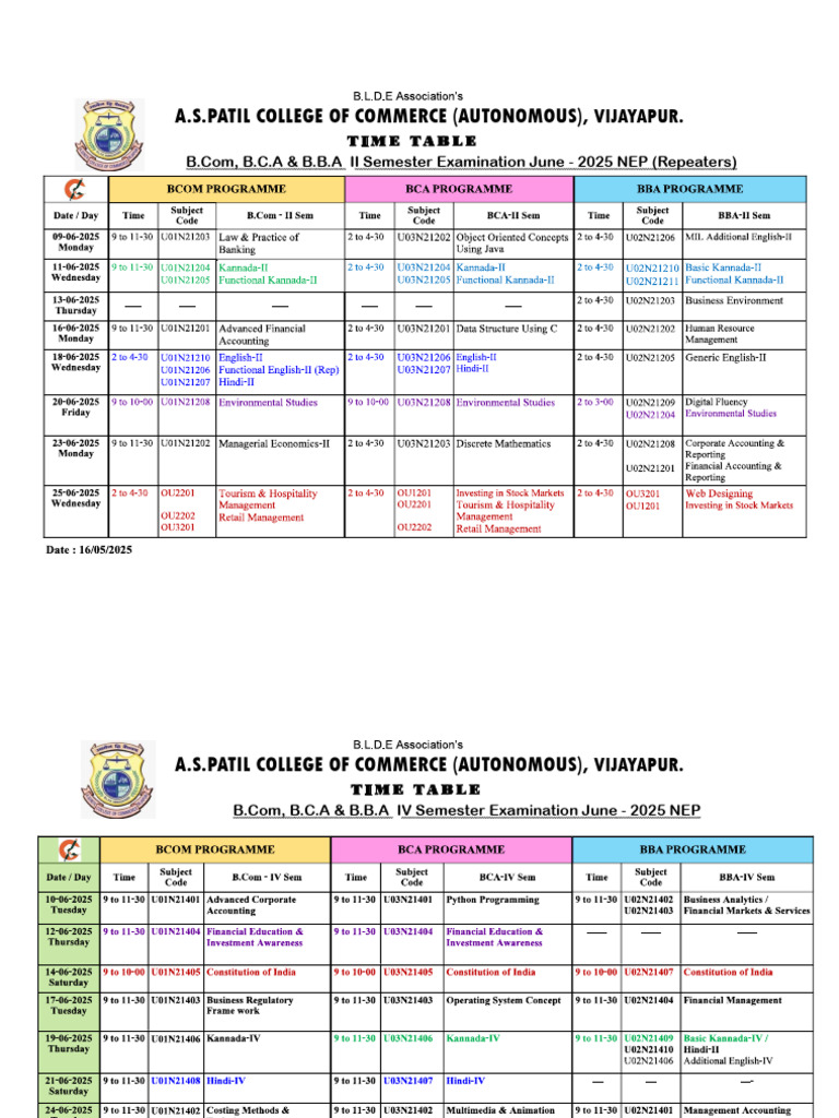 B.Com, B.C.A & B.B.A Exam Timetable 2025 | PDF