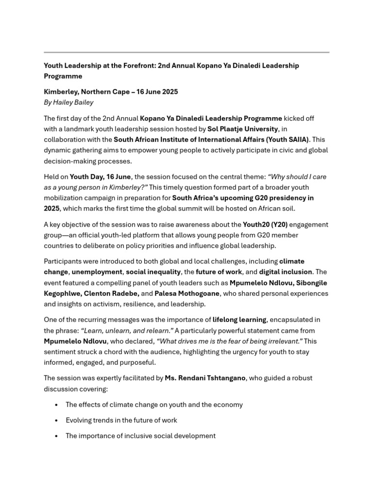 Youth Leadership at The Forefront 2nd Annual Kopano Ya Dinaledi Leadership Programme DAY 1 | PDF