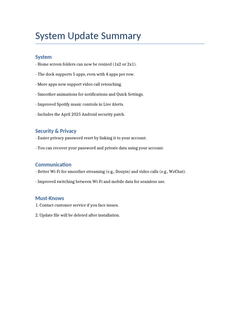 System Update Summary | PDF