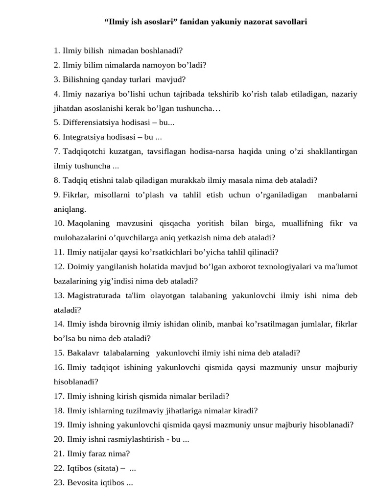 "Ilmiy Ish Asoslari" Fanidan Yakuniy Nazorat Savollari | PDF