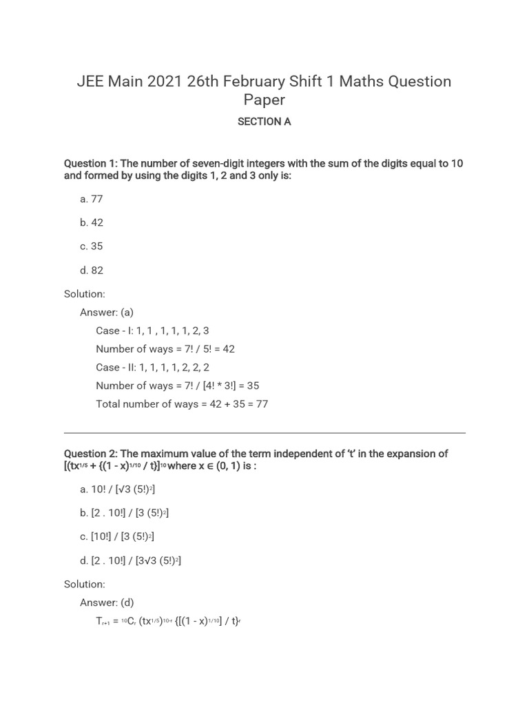 JEE Main 2021 26th February Shift 1 Maths Question Paper | PDF ...