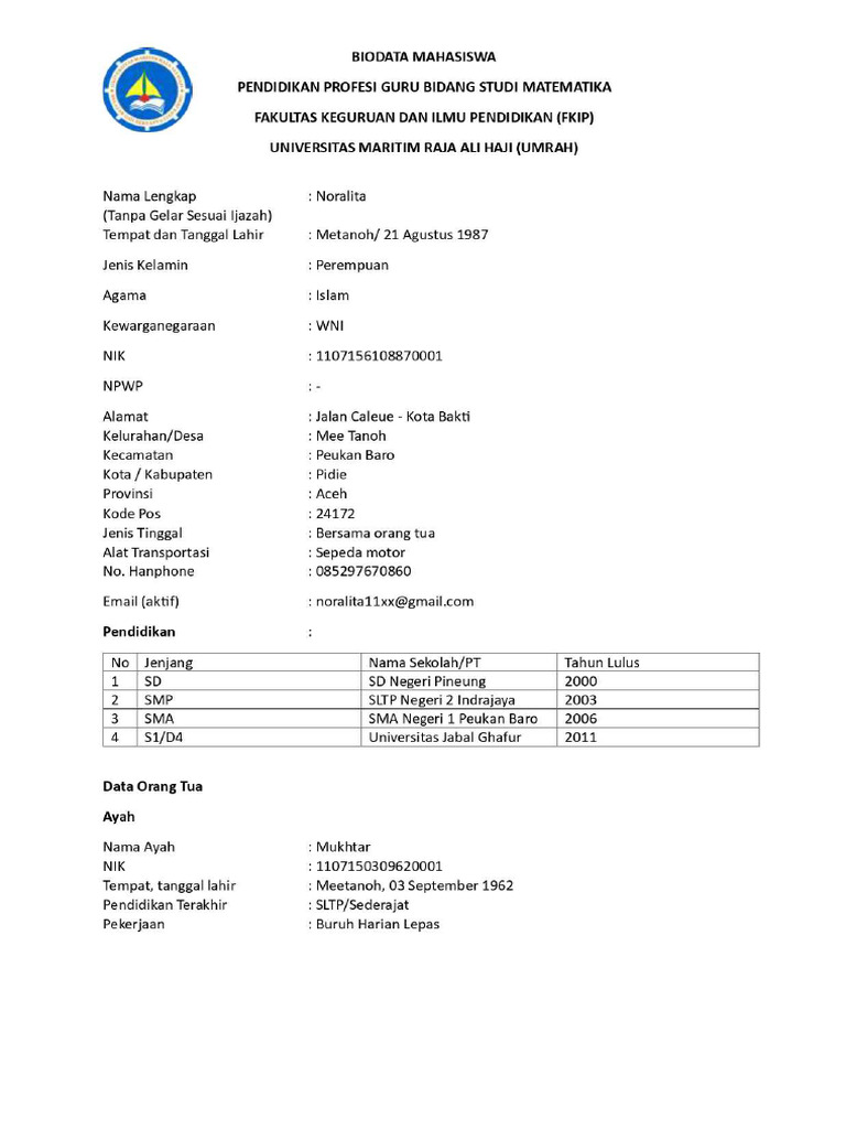 Form Biodata Mahasiswa PPG | PDF