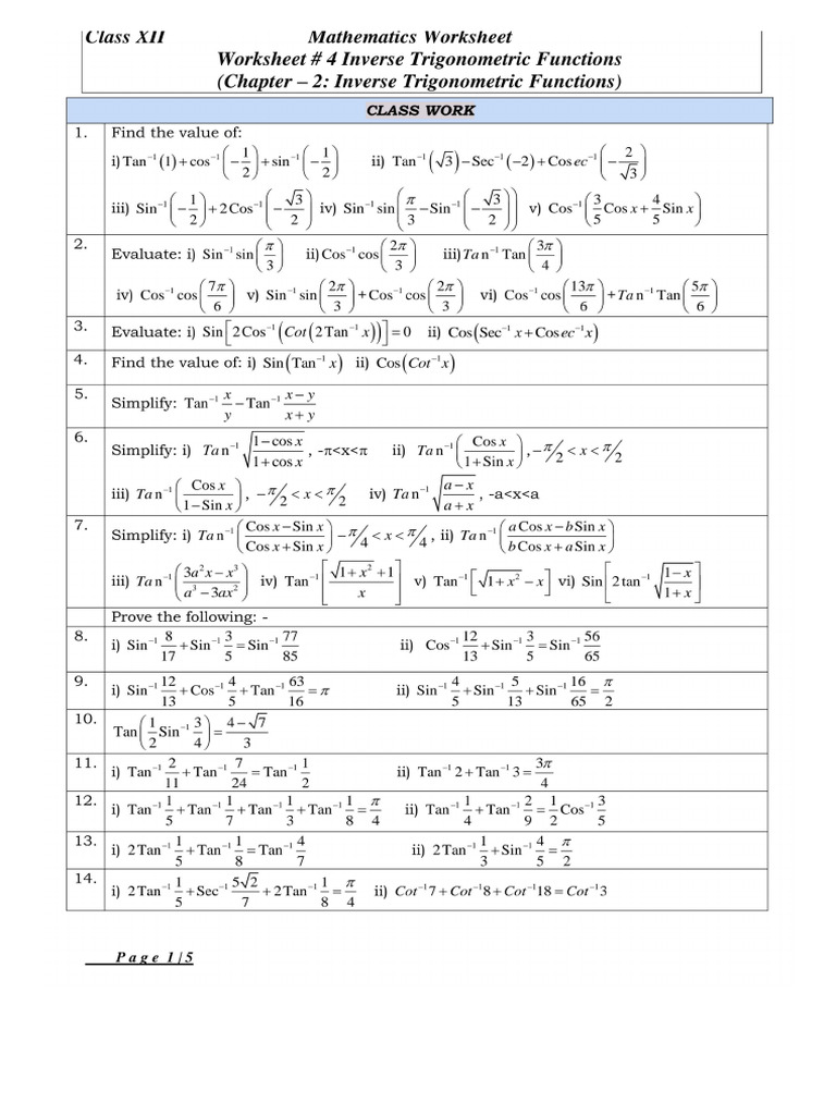 Worksheet 4 Inverse Trigo Functions-1 | PDF