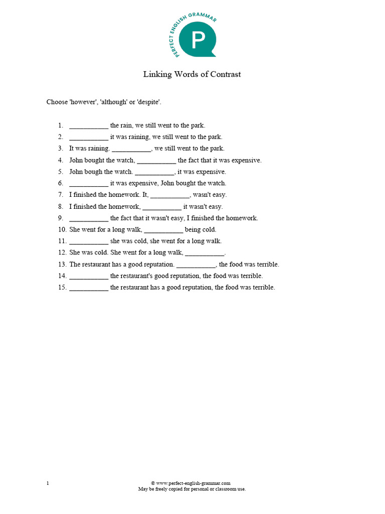 Linking Words of Contrast Exercise | PDF