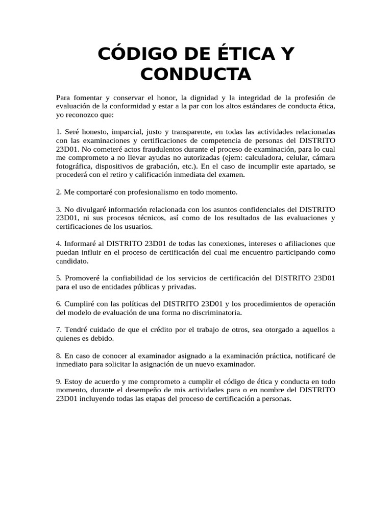 Código De ética Y Conducta Pdf