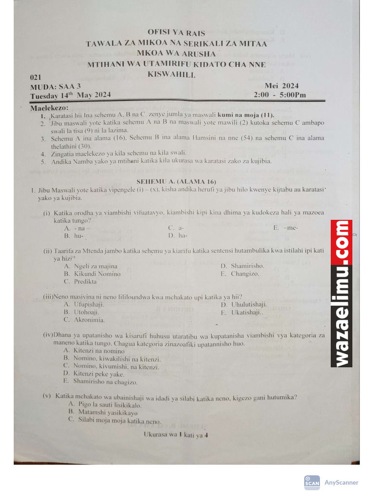 Kiswahili Arusha 2024 | PDF