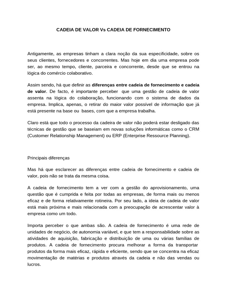 Diferenças entre Cadeia de Valor e Fornecimento | PDF | Custo | Cadeia ...