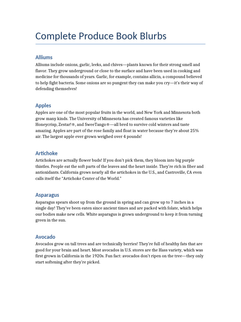 Produce Book Blurbs: Fruits & Vegetables | PDF | Broccoli | Bell Pepper
