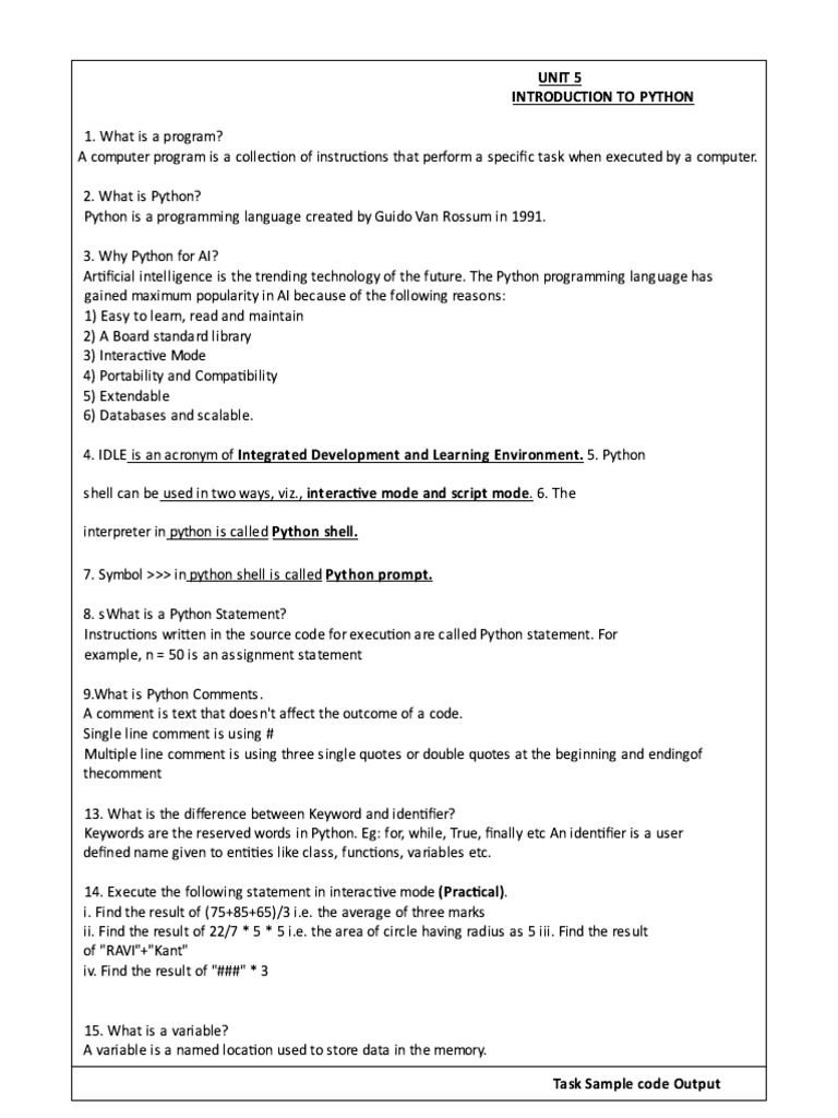 PART B UNIT 5 INTRODUCTION TO PYTHON Notes1 | PDF