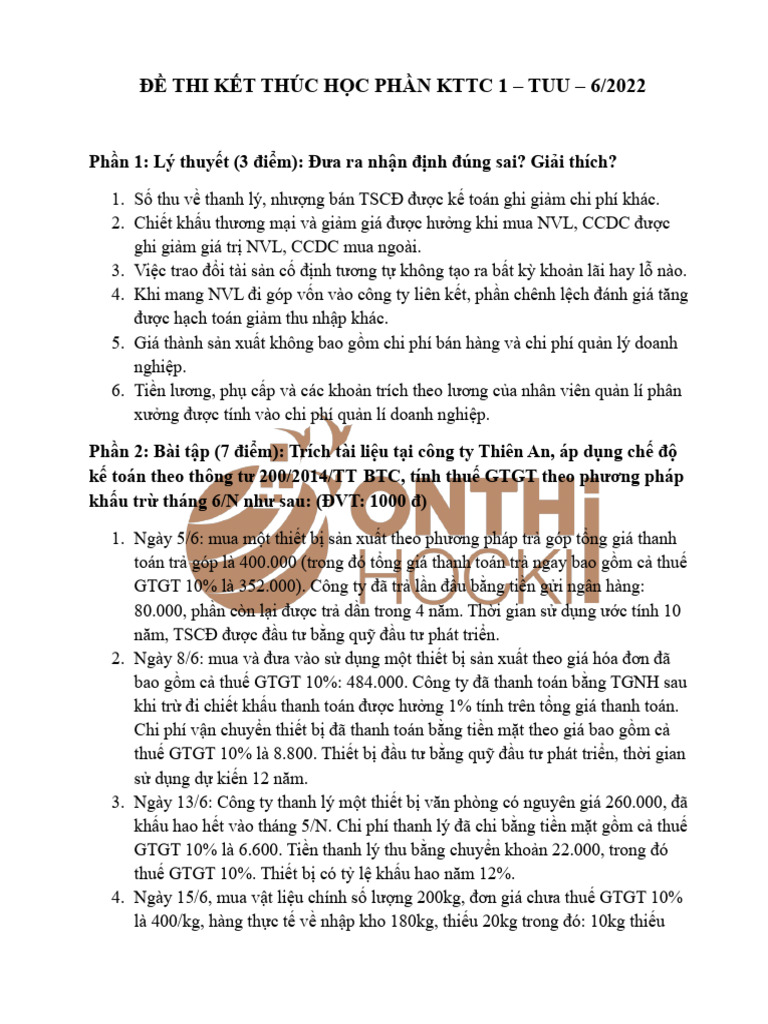 De Thi Ket Thuc Hoc Phan KTTC 1 Tuu 2022 PDF 1703071097267 | PDF