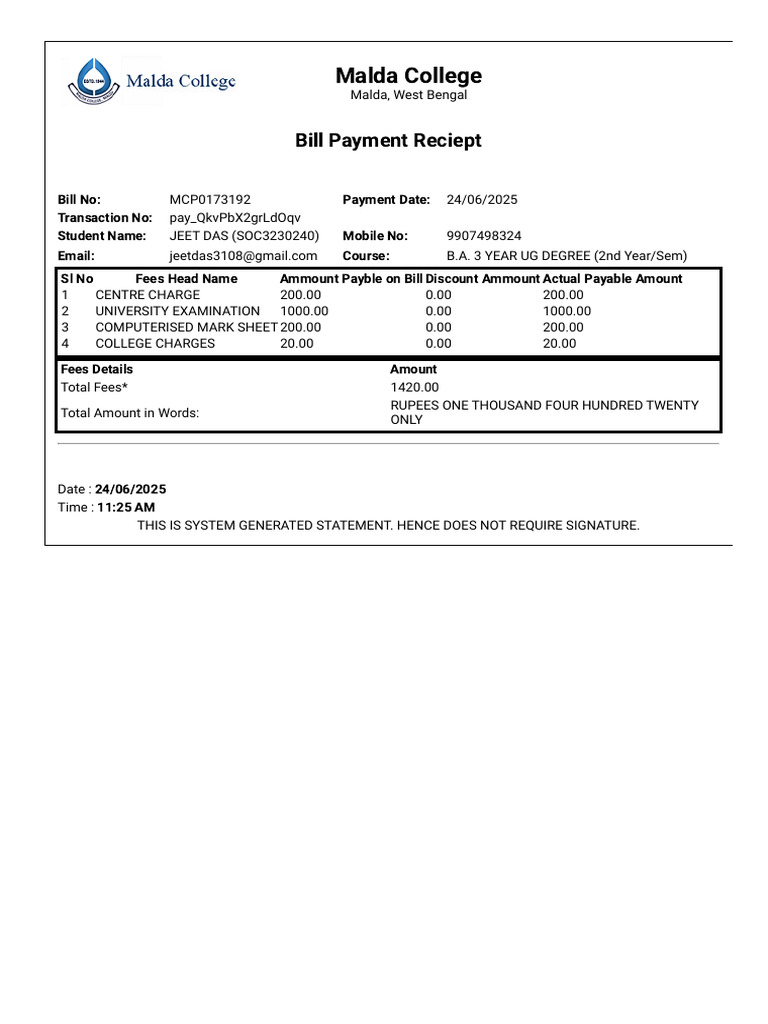 Malda College: Bill Payment Reciept | PDF