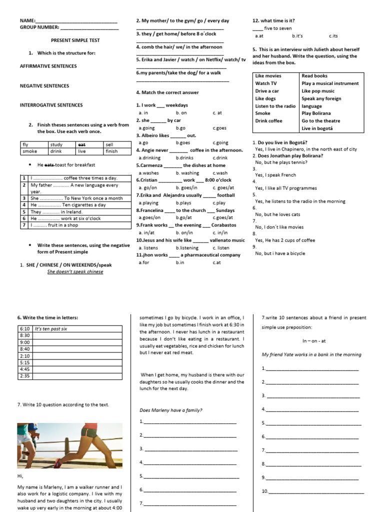 Present Simple Test Exercises | PDF | Lunch | Eating Behaviors Of Humans