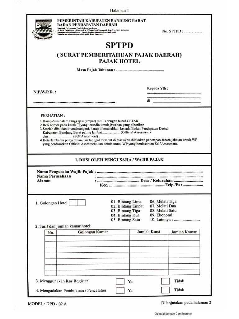 Surat Pemberitahuan Pajak Daerah (SPTPD) Pajak Hotel | PDF