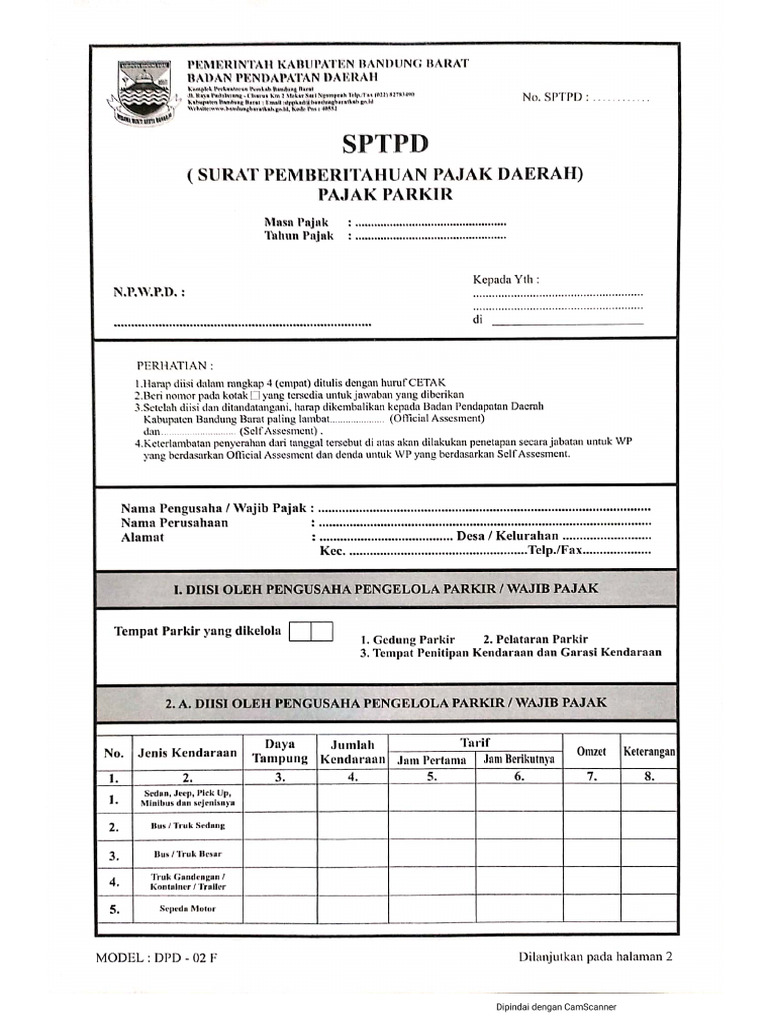 Surat Pemberitahuan Pajak Daerah (SPTPD) Pajak Parkir | PDF