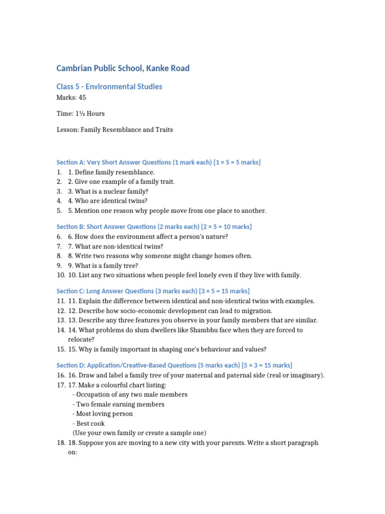 Class5 EVS Question Paper 45 Marks | PDF