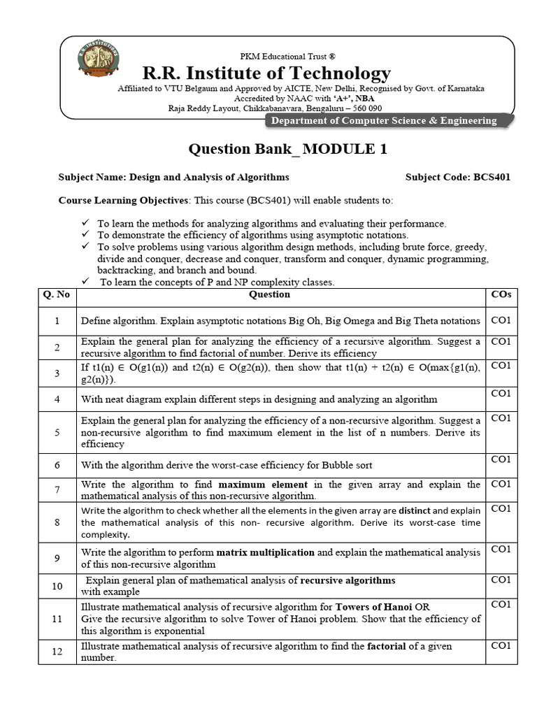 ADA Question Bank Module1 | PDF | Time Complexity | Computational ...