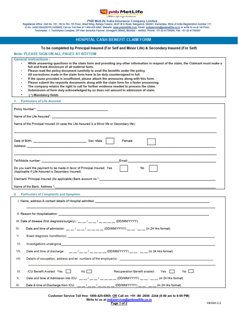 Hospital Cash Benefit Claim Form Ver2.2 | PDF | Hospital | Physician
