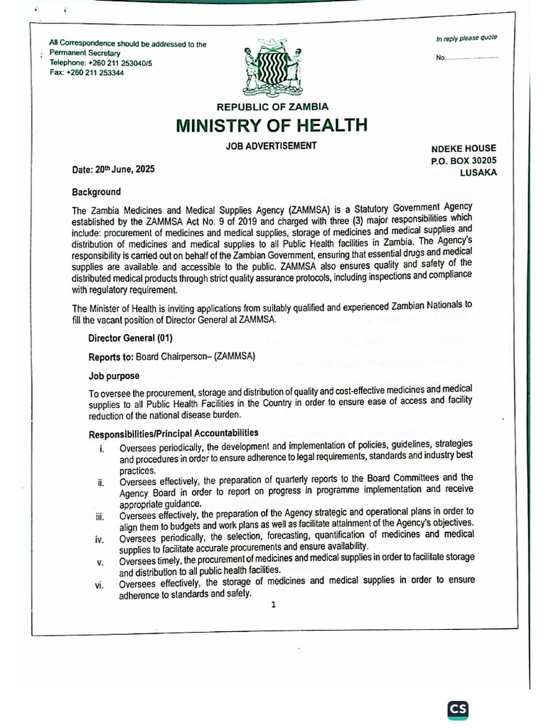 Advert For Director General ZAMMSA | PDF