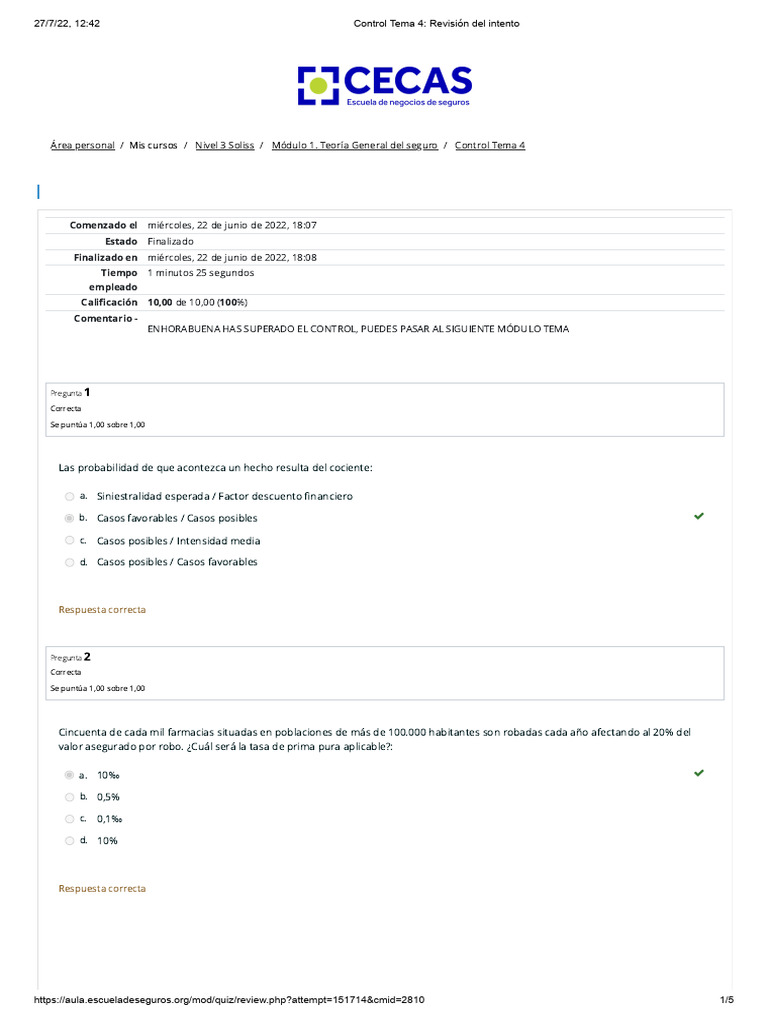 Control Tema 4 - Revisión Del Intento | PDF | Seguro | Póliza de seguros
