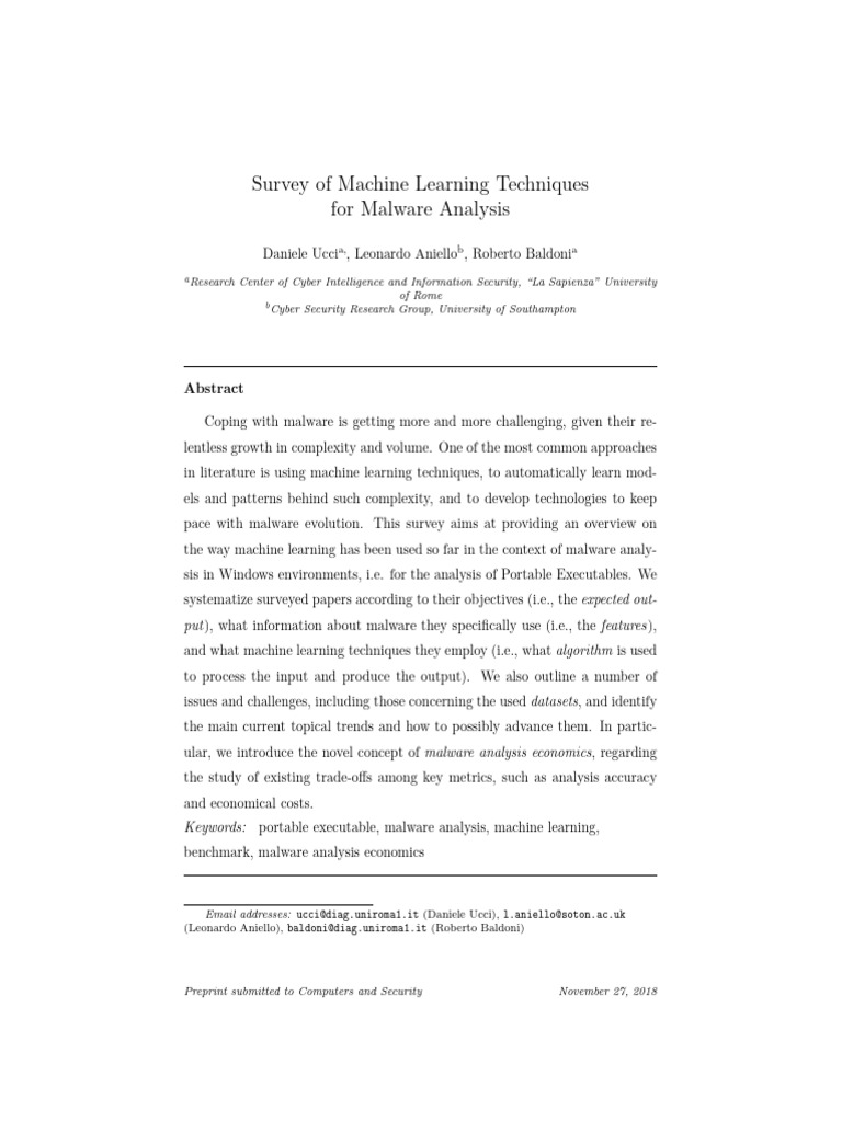 Survey of Machine Learning Techniques Fo | PDF | Malware | Machine Learning