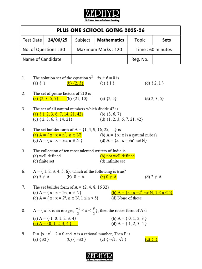 Plus One-Maths-240625-Answer Key | PDF | Mathematics