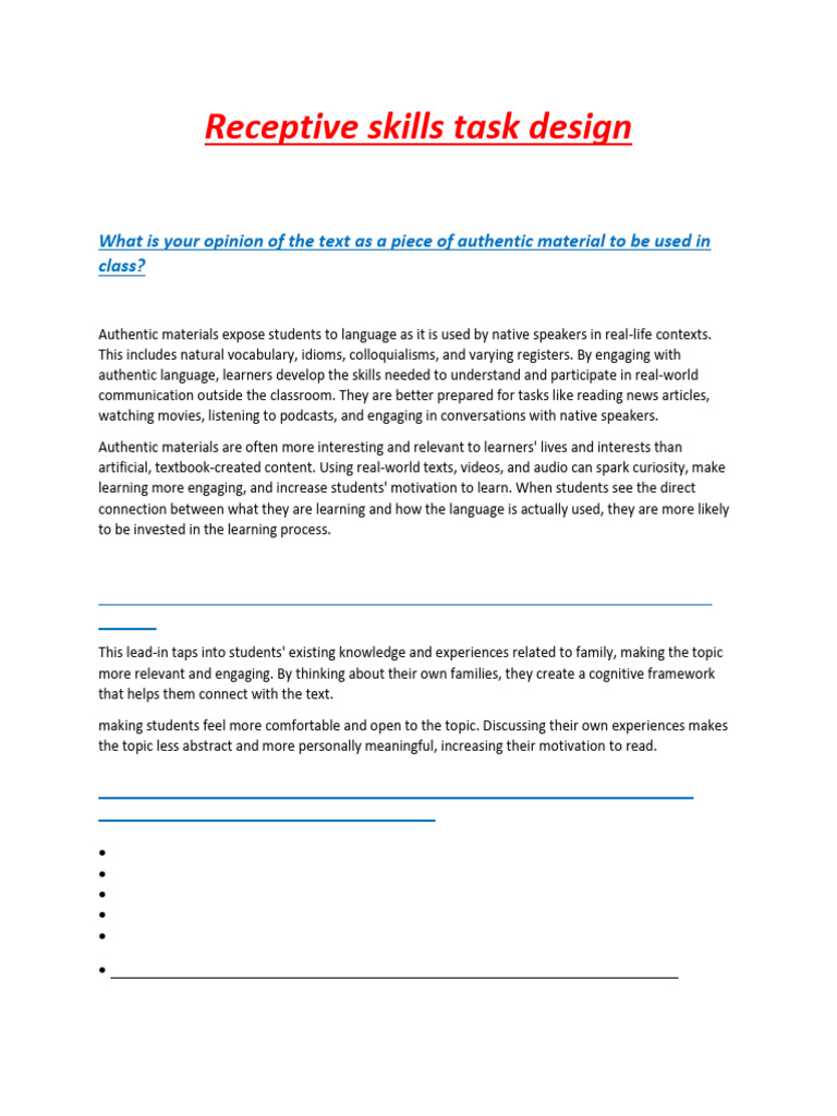 Receptive Skills Task Design | PDF | Reading Comprehension | Learning