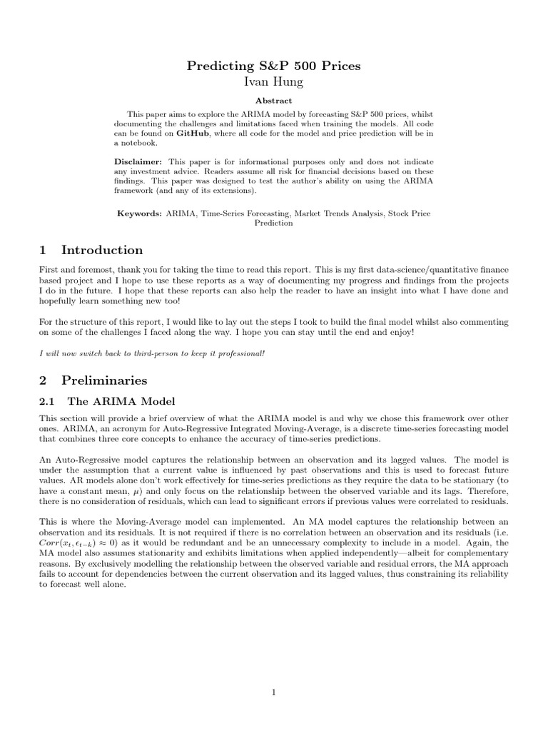 ARIMA Forecasting of S&P 500 Prices | PDF | Autoregressive Integrated ...