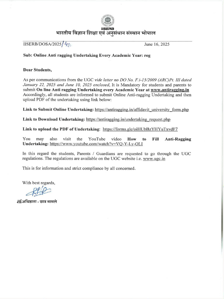 OO - Online Anti Ragging Undertaking Every Academic Year | PDF
