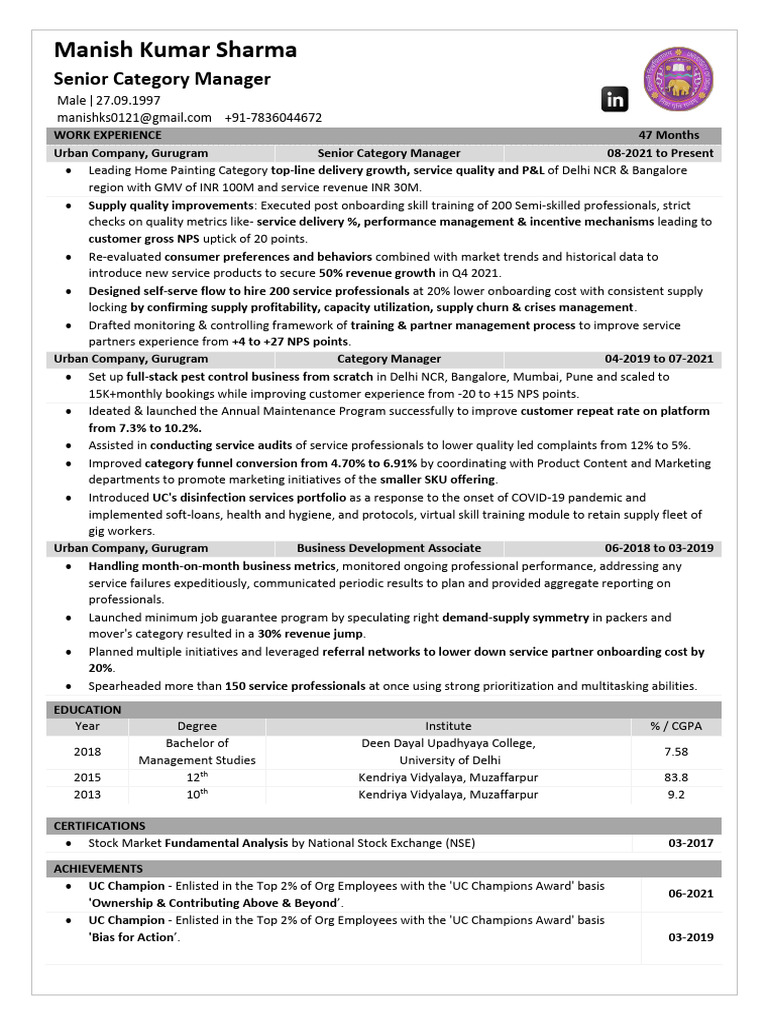 Manish Sharma Senior Category Manager PDF | PDF | Business | Economies