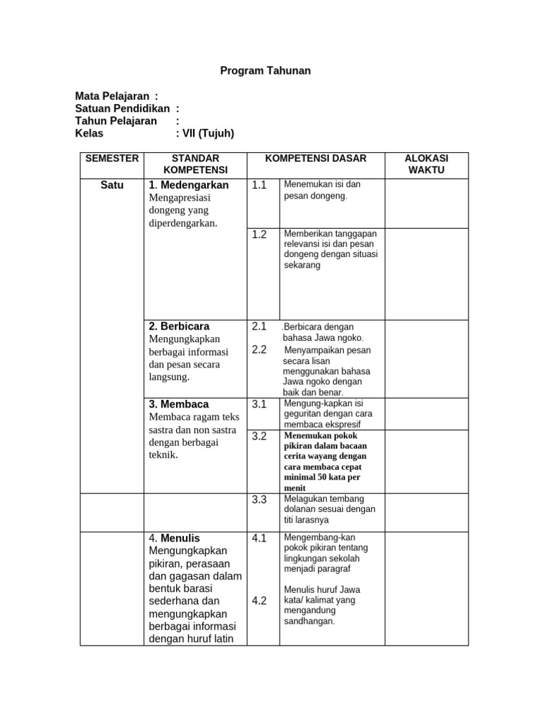 PROGRAM TAHUNAN Bhs Jawa Kls 7 Dan 8 | PDF
