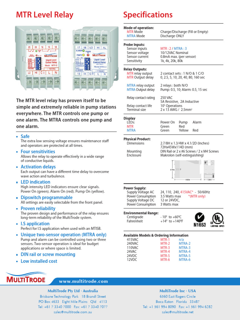 MTR Level Relay Overview and Specs | PDF | Relay | Pump