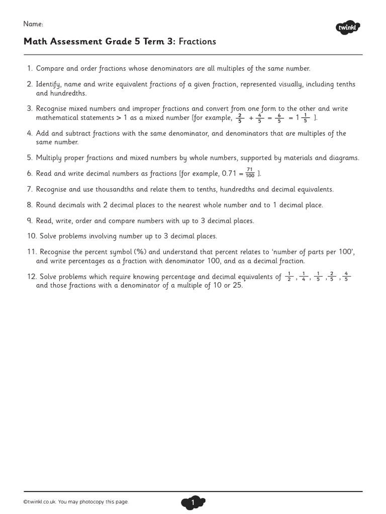 CA t2 M 1209 Grade 5 Fractions Term 3 Test English Canadian Ver 3 | PDF ...