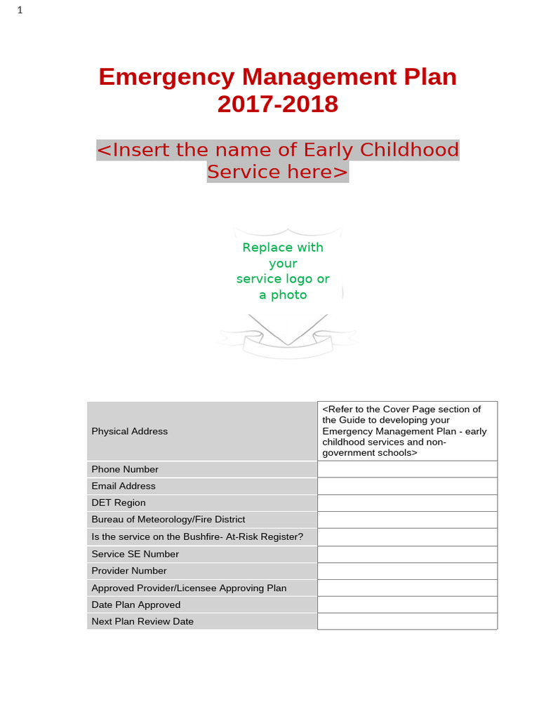 Emergency Management Plan for Early Childhood Services | PDF ...