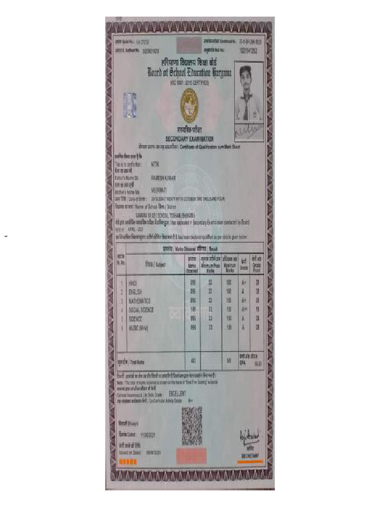 10th Marksheet Nitin - Compressed | PDF