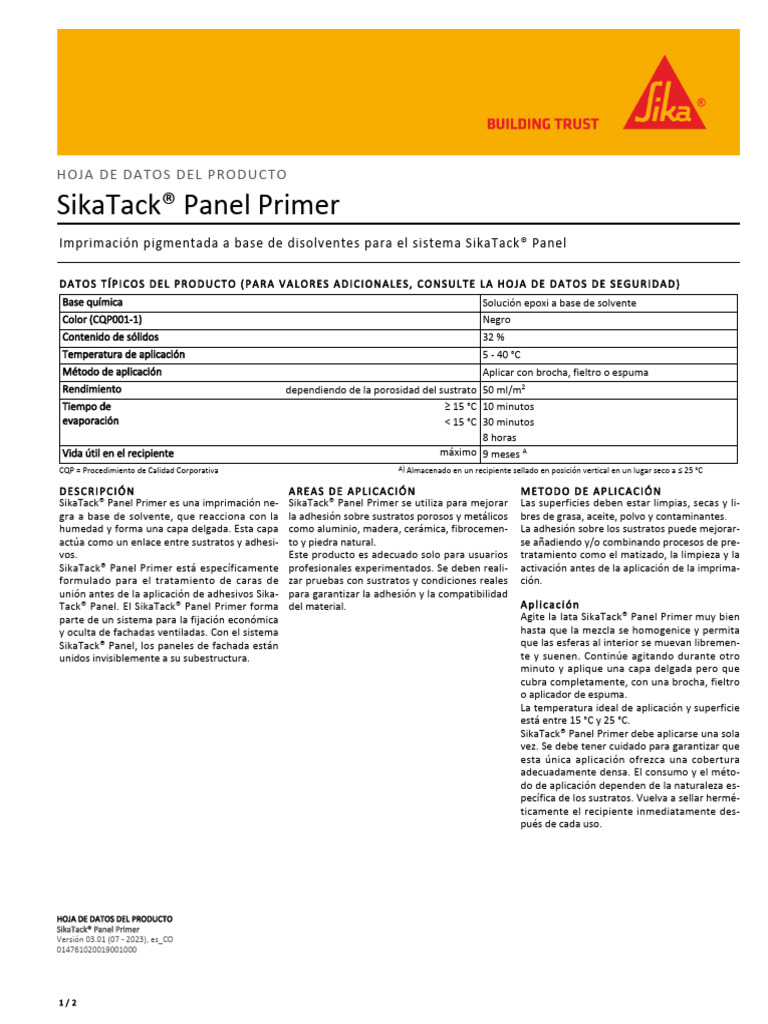 SikaTack® Panel Primer: Hoja de Datos | PDF | Química | Química Física