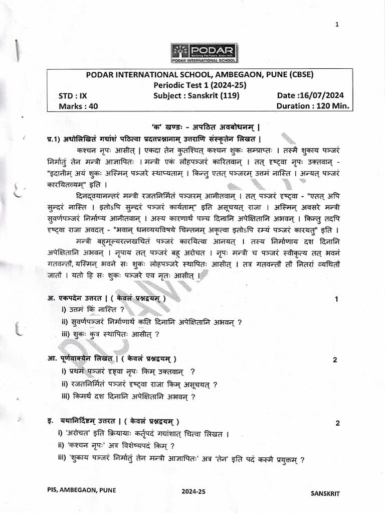 Sanskrit Test Paper for Class IX | PDF